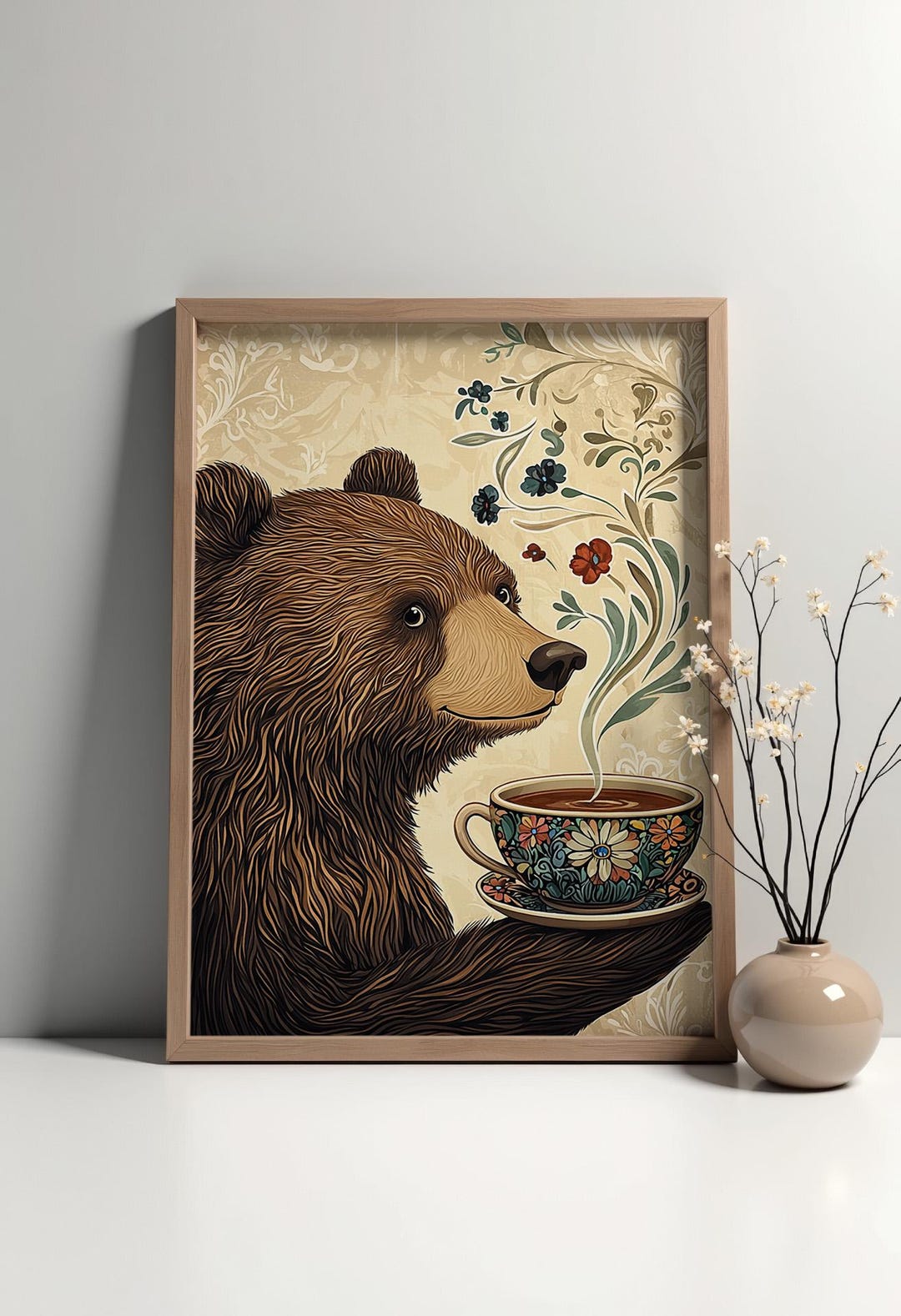 Brown Bear Drinking Tea Art Print – Rustic Animal Illustration With ...
