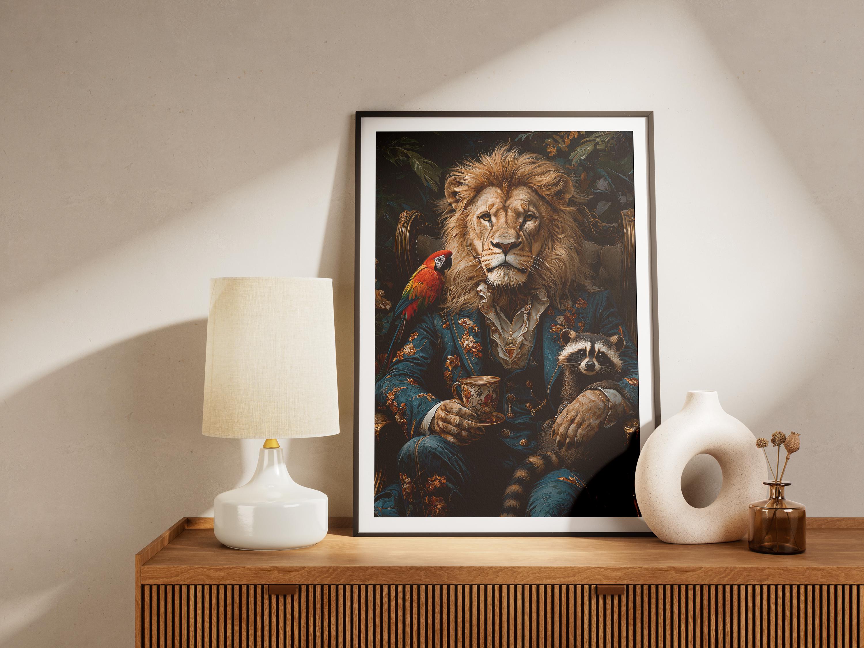 Regal Lion Tea Party Art Print: Macaw & Raccoon Friends - Etsy