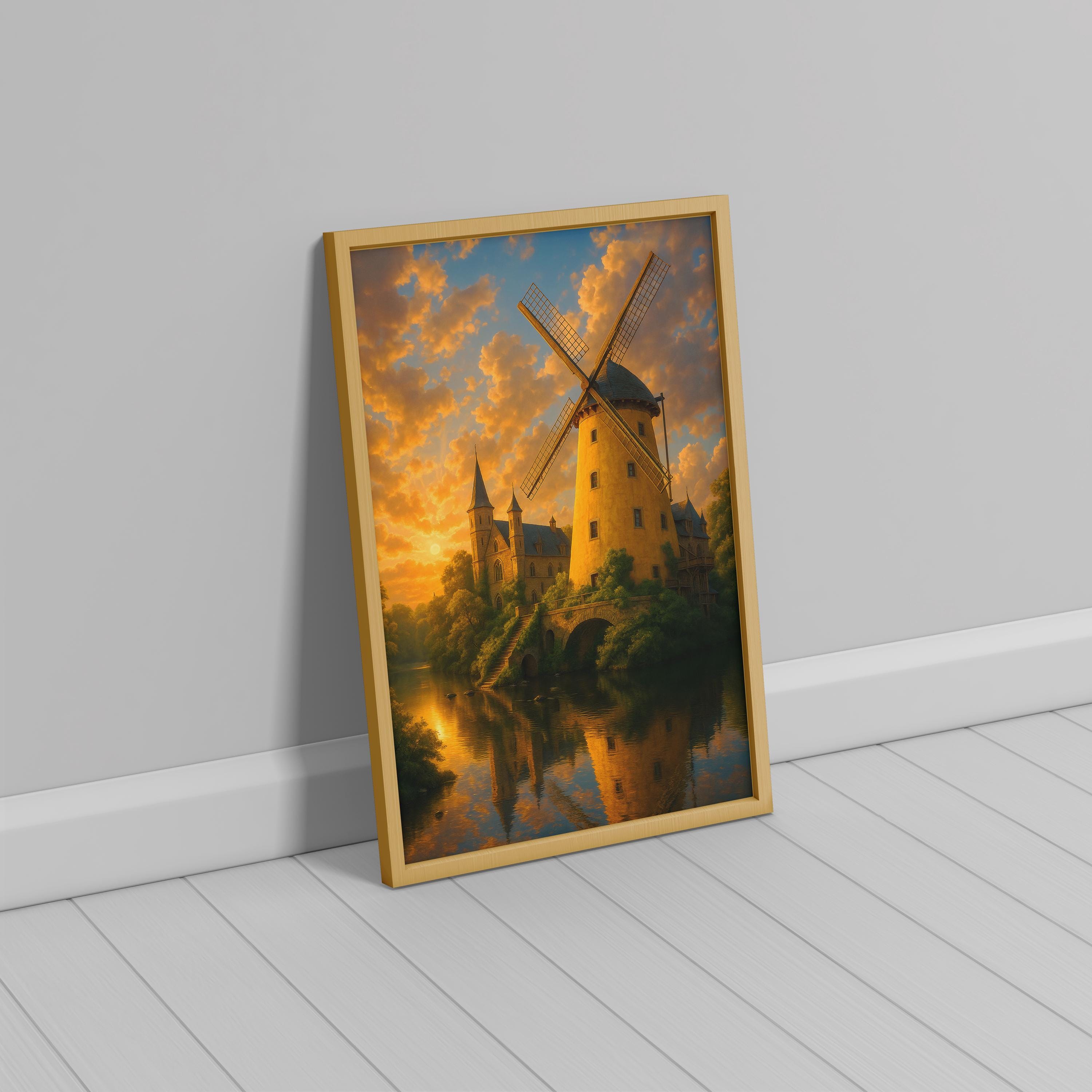 Sunset Windmill and Castle Art Print – Romantic European Tower Mill ...