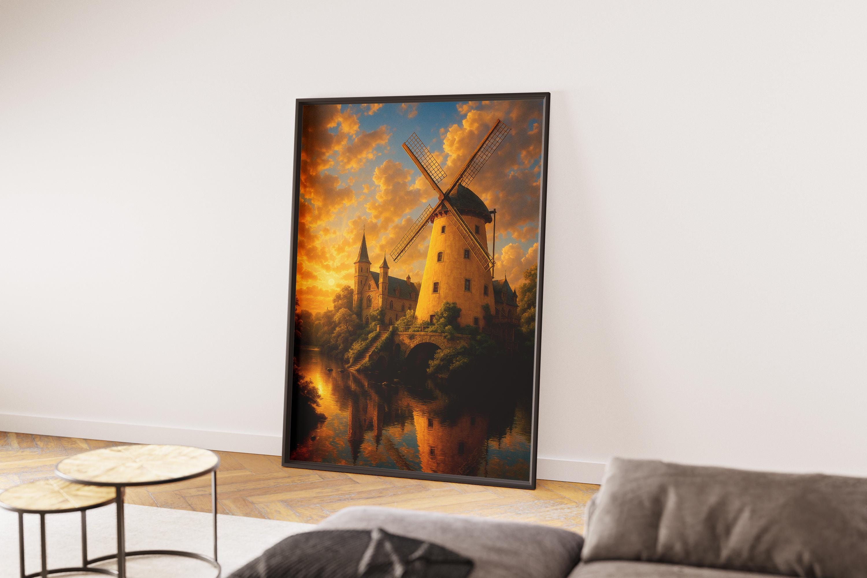 Sunset Windmill and Castle Art Print – Romantic European Tower Mill ...