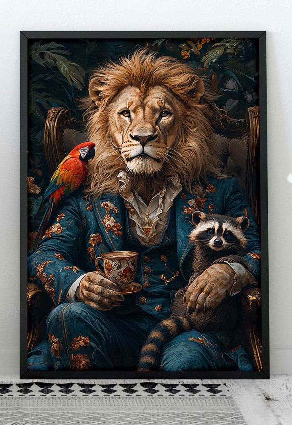 Regal Lion Tea Party Art Print: Macaw & Raccoon Friends - Etsy