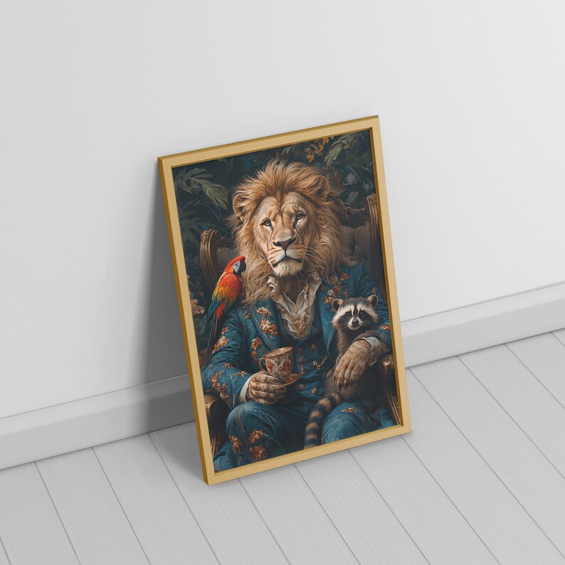 Regal Lion Tea Party Art Print: Macaw & Raccoon Friends - Etsy
