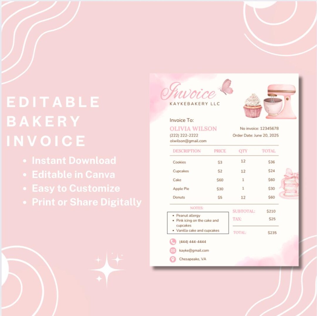 Editable Bakery Invoice Template | Cake Order Invoice | Canva Template ...