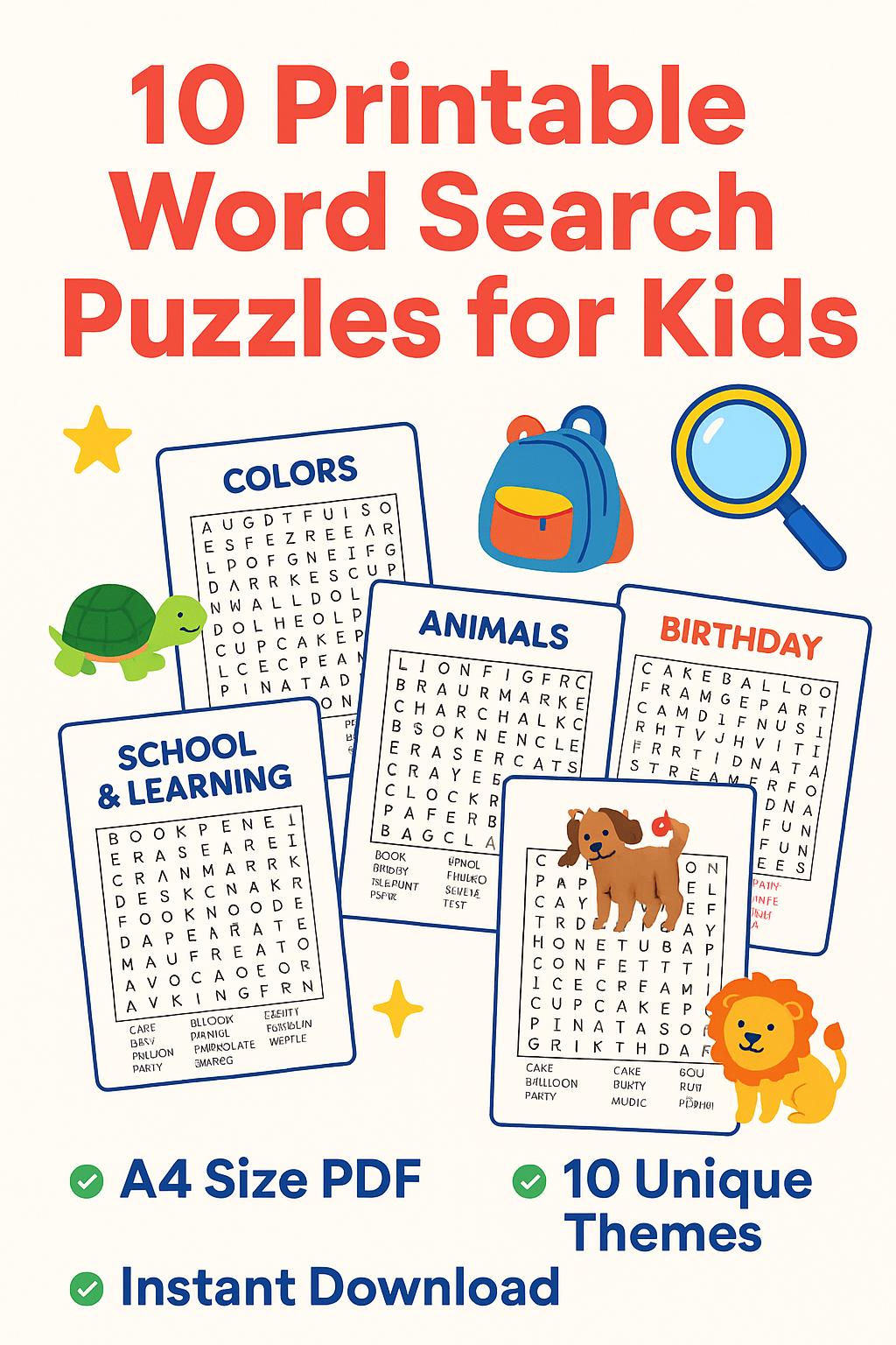 Kids Word Search Puzzles: Animals, Colors, Summer (A4 PDF Download) - Etsy