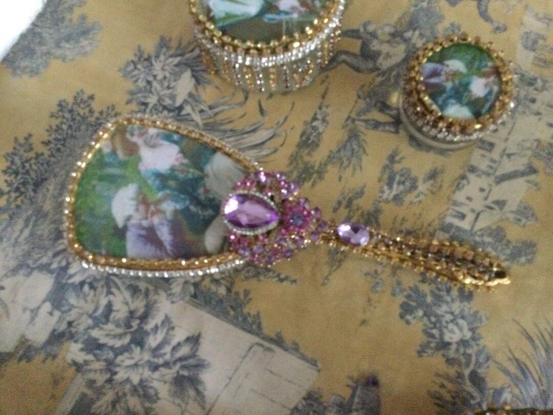 Jeweled Hand Mirror in Purple, Green and Clear Jewels With Image of ...