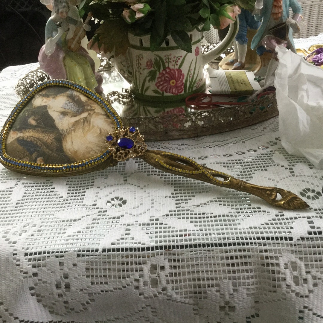 Jeweled Hand Mirror With Victorian Couple Blue and Yellow Jewels - Etsy