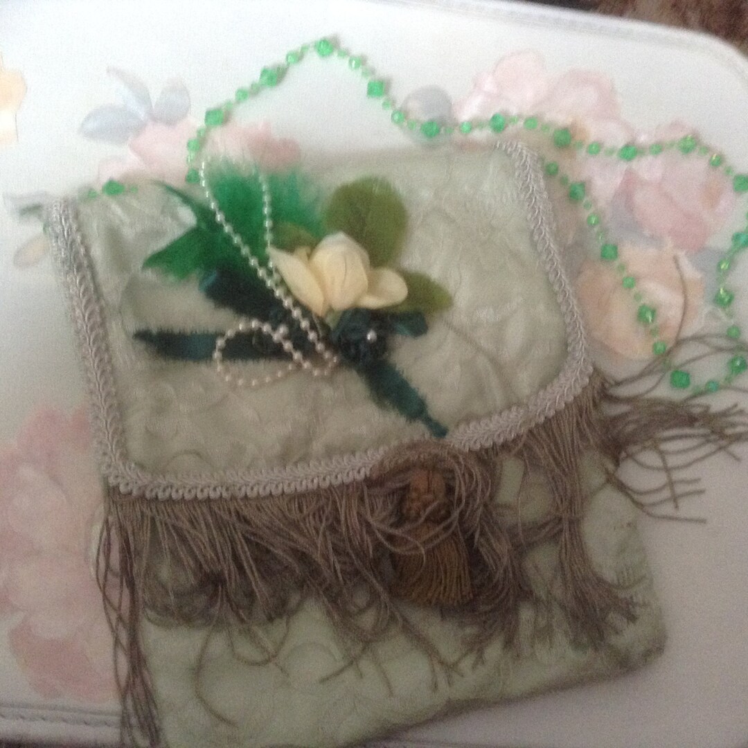 Victorian Celery Green Purse With Handle With Fringe and Flowers - Etsy