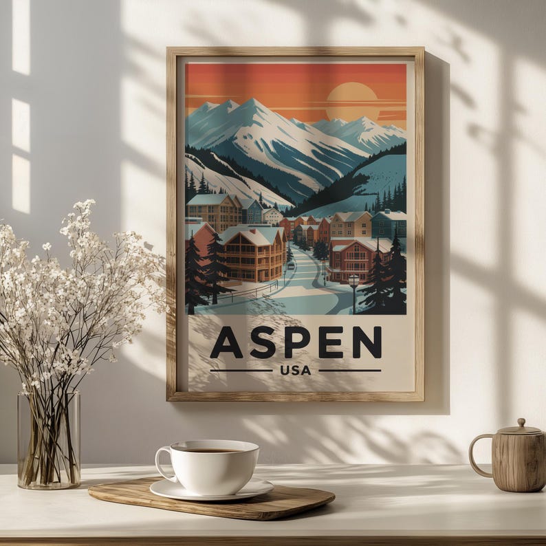 Aspen USA Travel Poster, Snowy Mountain Village Wall Art, Winter Cabin ...