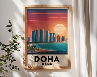 Doha Skyline Art Print – Modern Cityscape With Sunset Reflection, Qatar ...