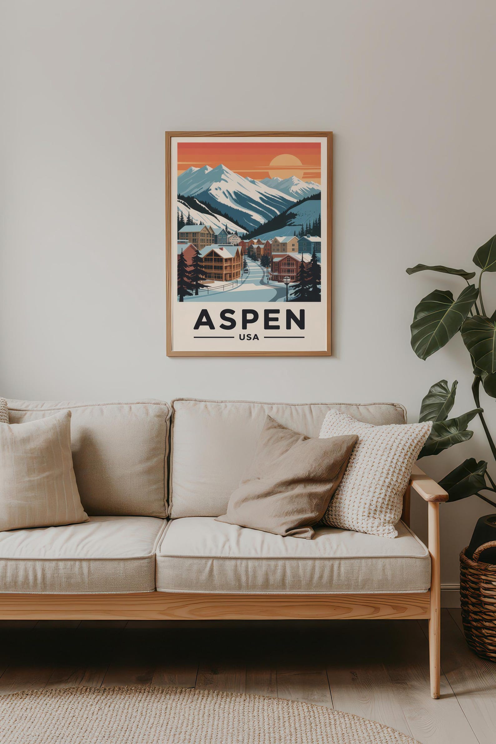 Aspen USA Travel Poster, Snowy Mountain Village Wall Art, Winter Cabin ...