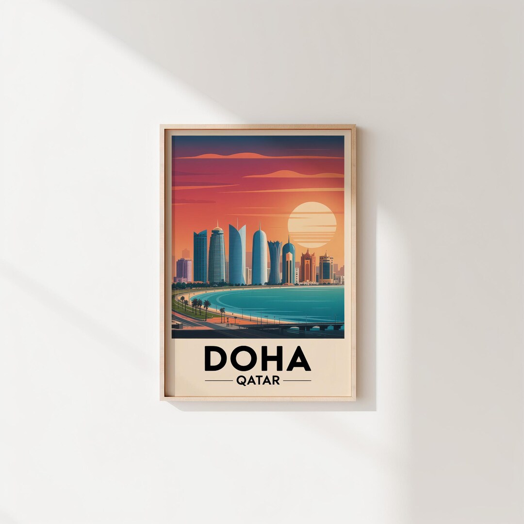 Doha Qatar Travel Poster, Sunset Skyline Wall Art Print, Modern ...