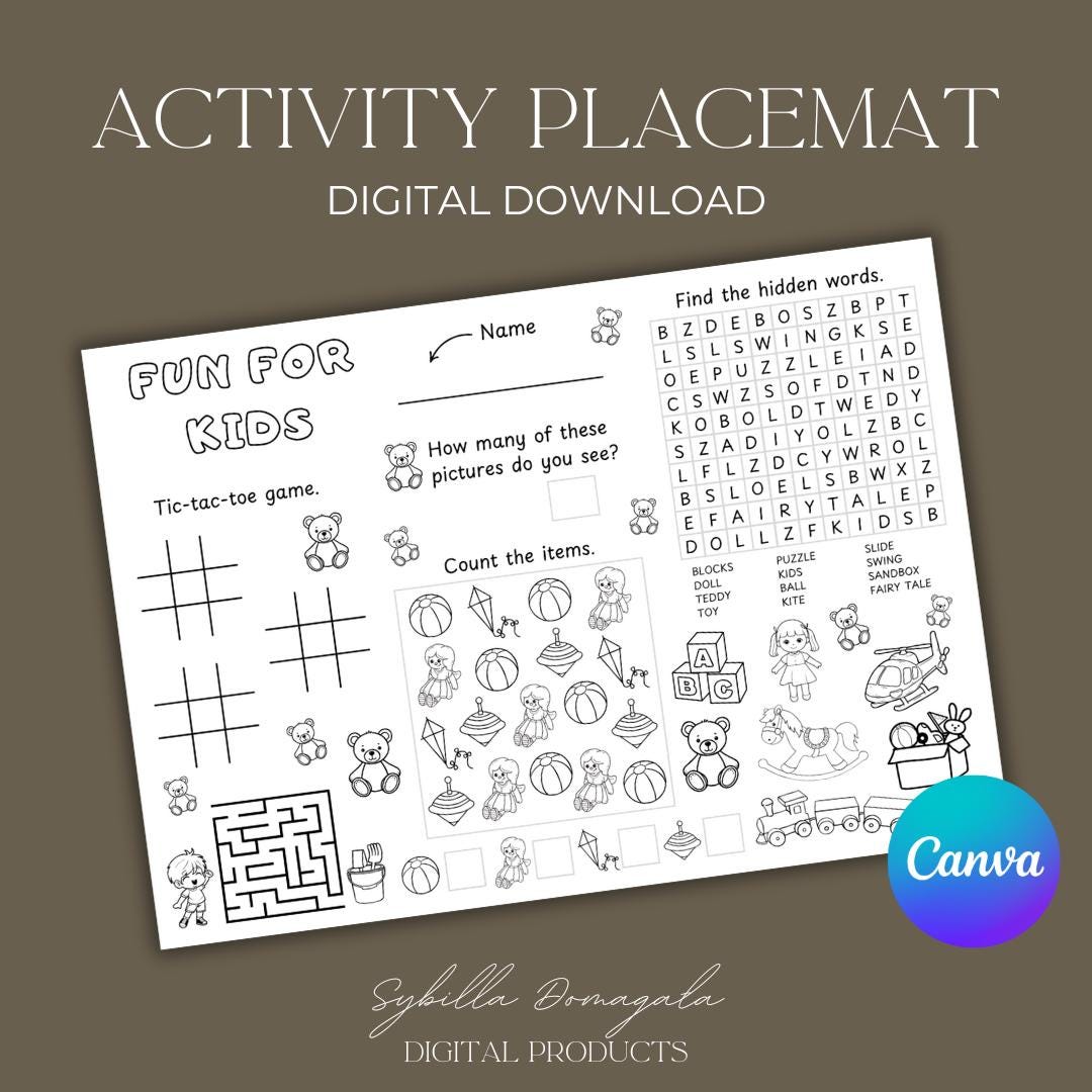 Children's Table Mat, Printable Mat, Coloring Pages and Puzzles for ...