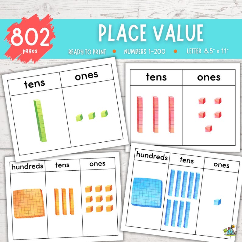 Place Value Flashcards 1–200 With Base Ten Blocks Printable Large ...