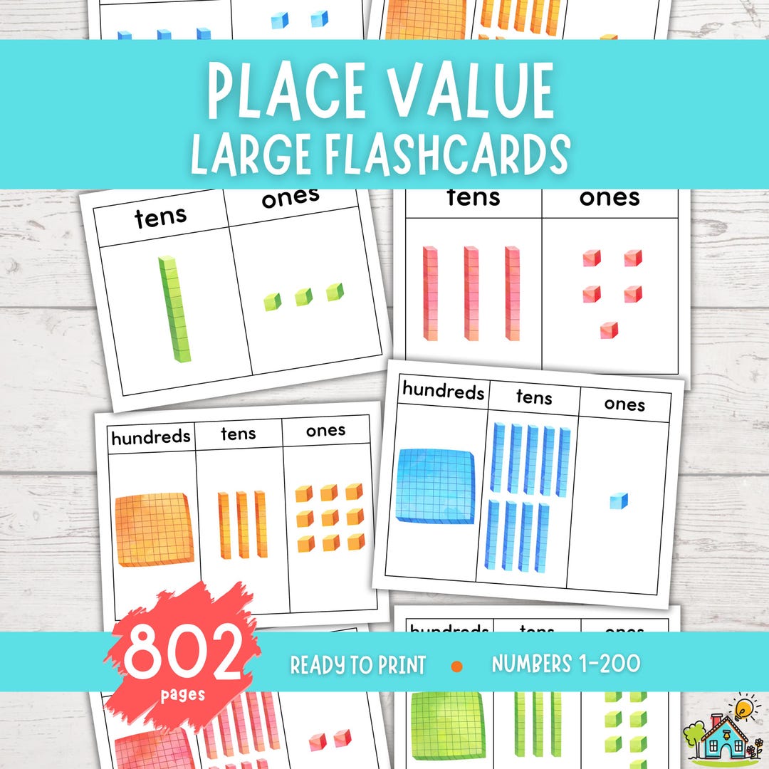 Place Value Flashcards 1–200 With Base Ten Blocks Printable Large ...