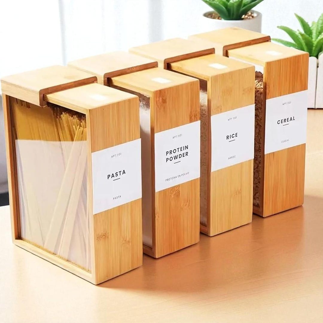 2L Bamboo Cereal Dispenser, Food Storage Container With Sliding Lid ...