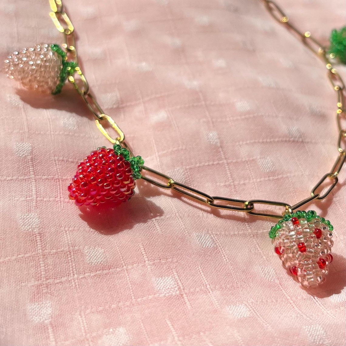 Strawberry Charm Necklace | 3d Seed Bead Fruit Jewelry | Beaded Berry ...