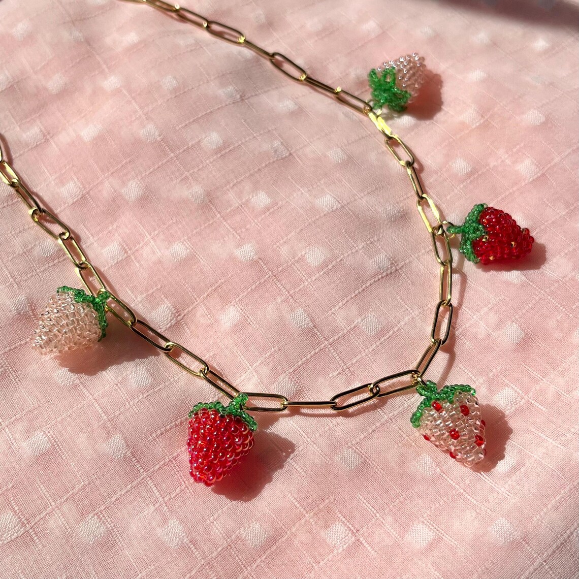 Strawberry Charm Necklace | 3d Seed Bead Fruit Jewelry | Beaded Berry ...