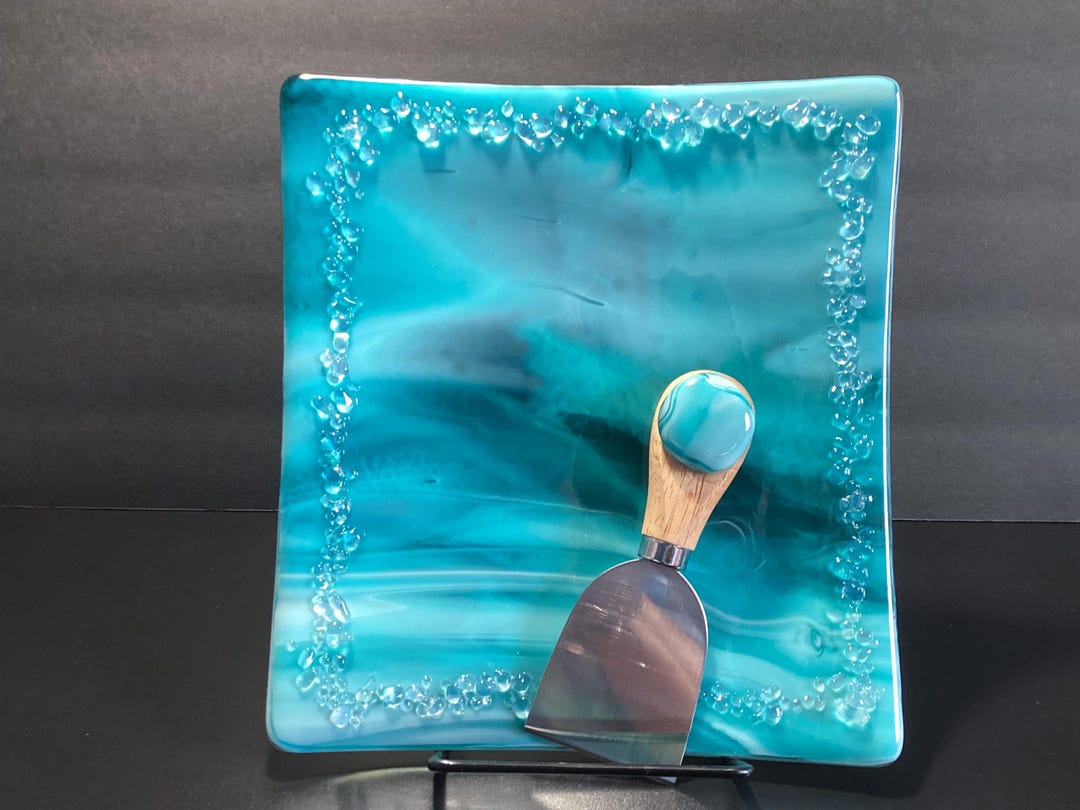 Blue Streaky Glass Cheese Platter & Custom Cheese Slicer, Bathroom Bar ...