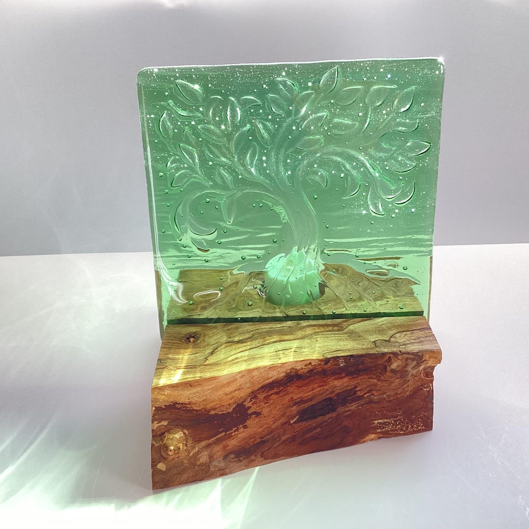 Fused Glass Tree of Life on Reclaimed Wood Stand, Outdoor Fanatic Lover ...