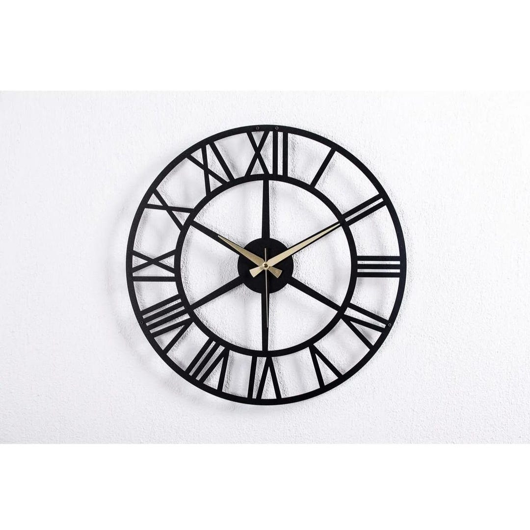 Roman Numeral Metal Wall Clock: Silent Black Steel, Vintage Home Decor ...