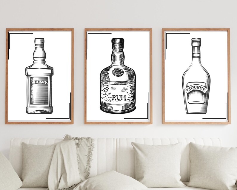 Set of 6 Black and White Alcohol Bottle Prints, Minimalist Wall Art ...