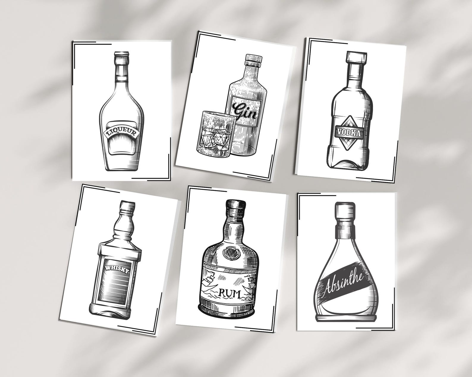 Set of 6 Black and White Alcohol Bottle Prints, Minimalist Wall Art ...
