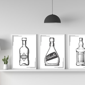 Set of 6 Black and White Alcohol Bottle Prints, Minimalist Wall Art ...