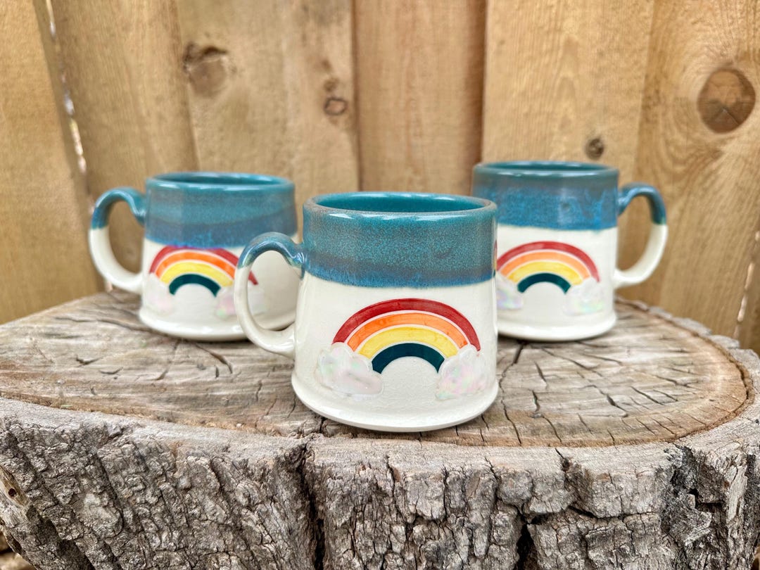 Colorful Handmade Porcelain Rainbow Mugs Featuring Iridescent Clouds ...