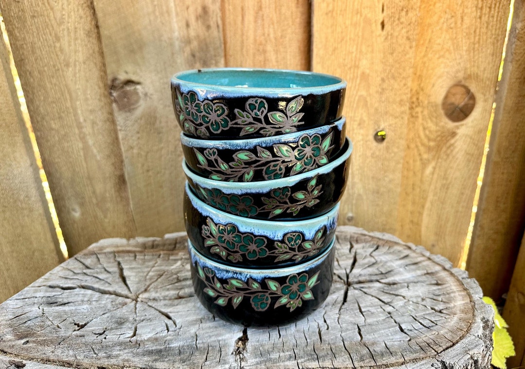 Hand Painted Turquoise Magnolia Pottery Ceramic Bowl - Unique Floral ...