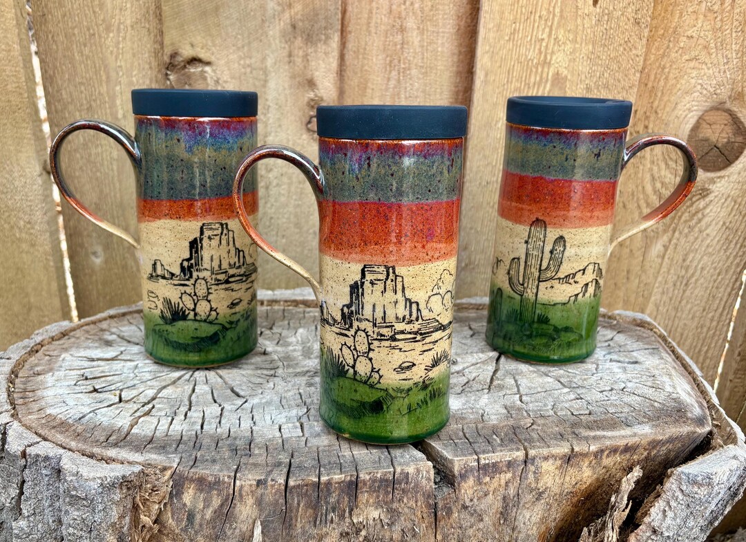 Handcrafted Desert Pottery Travel Mug With Silicone Lid - Sunset With ...