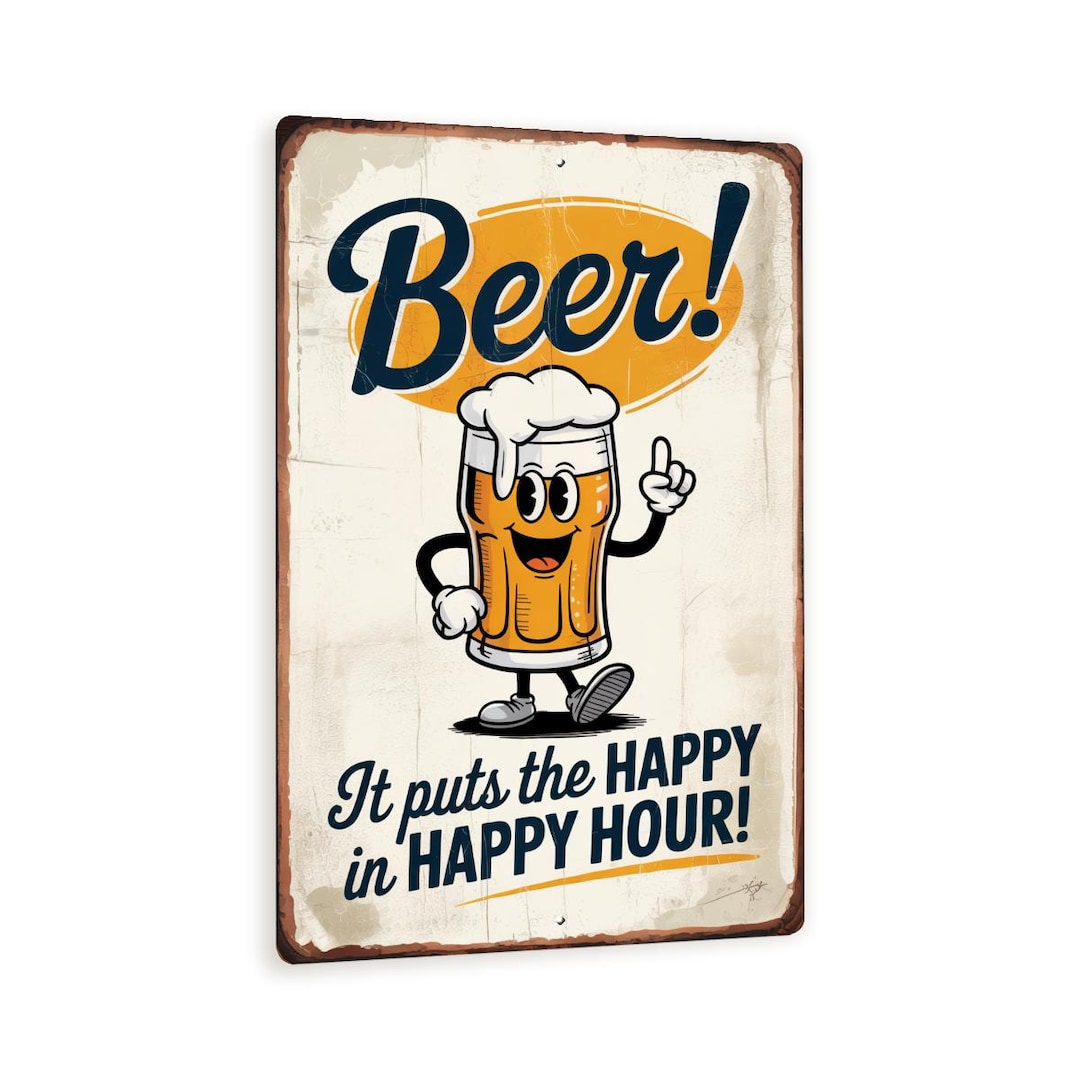 Beer Happy Hour Sign – 8x12 Funny Vintage Metal Wall Art, Retro Cartoon ...