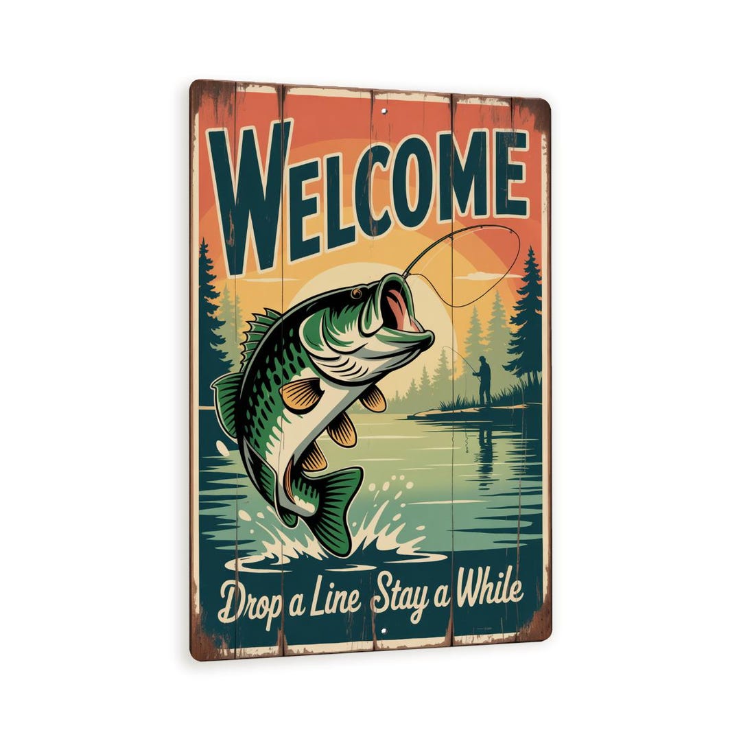 Welcome Fishing Sign – Rustic Largemouth Bass Metal Wall Art, Vintage ...