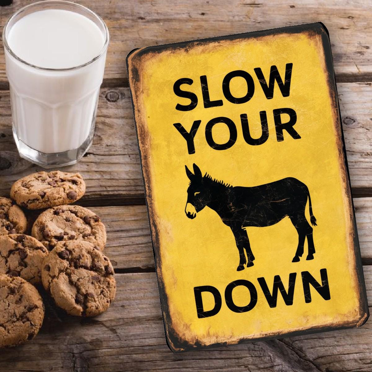 Vintage-style "slow Your Donkey Down" Sign - Rustic Yellow Background ...