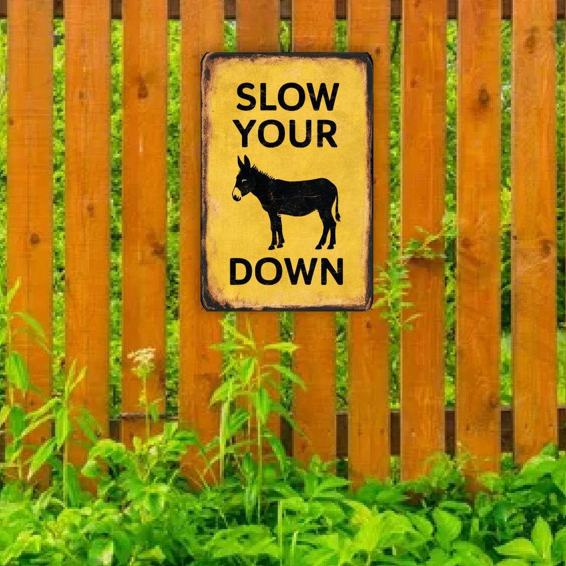 Vintage-style "slow Your Donkey Down" Sign - Rustic Yellow Background ...