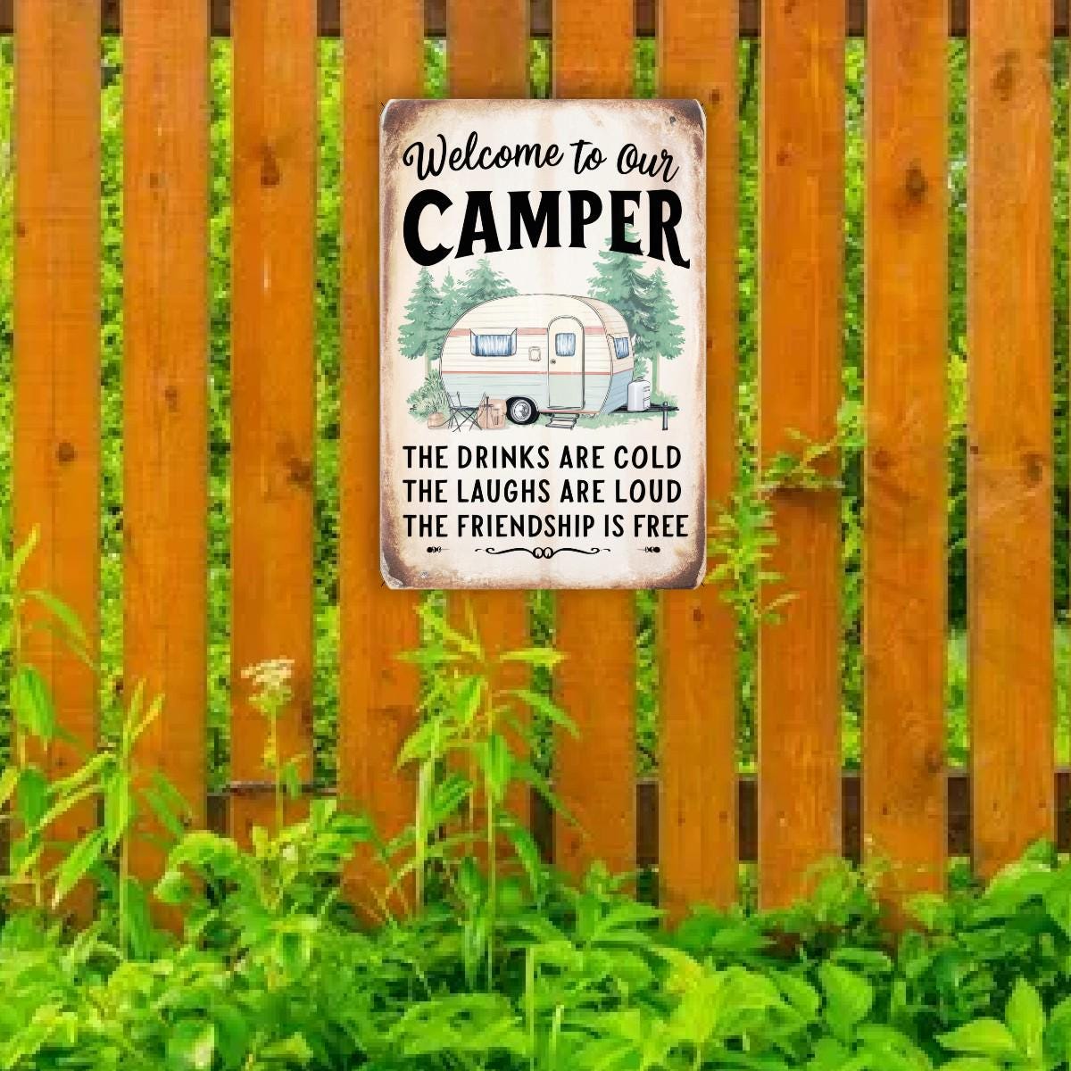 Vintage-style "welcome to Our Camper" Metal Sign - Light Blue and White ...
