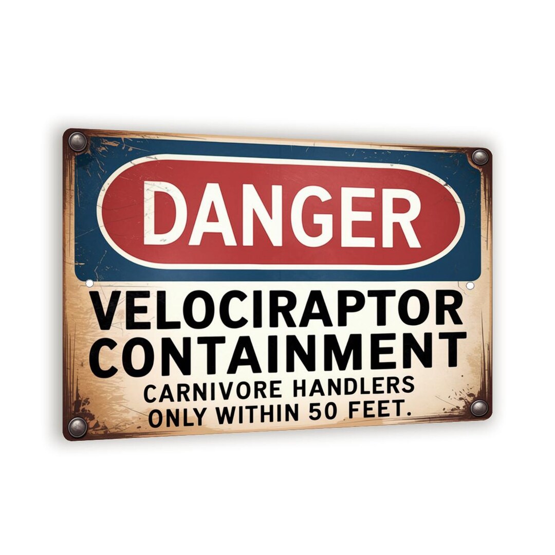 Velociraptor Containment Sign – 8x12 Vintage Dinosaur Warning Metal ...
