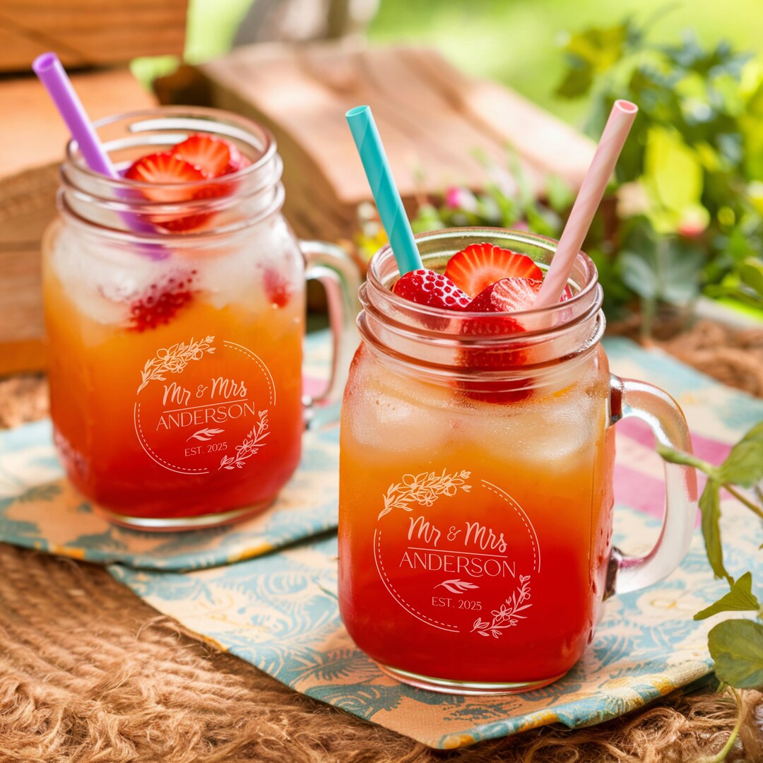 Personalized 16 Oz Laser Engraved Mason Jar Mugs Mr. and Mrs. Floral Wreath Design Custom ...