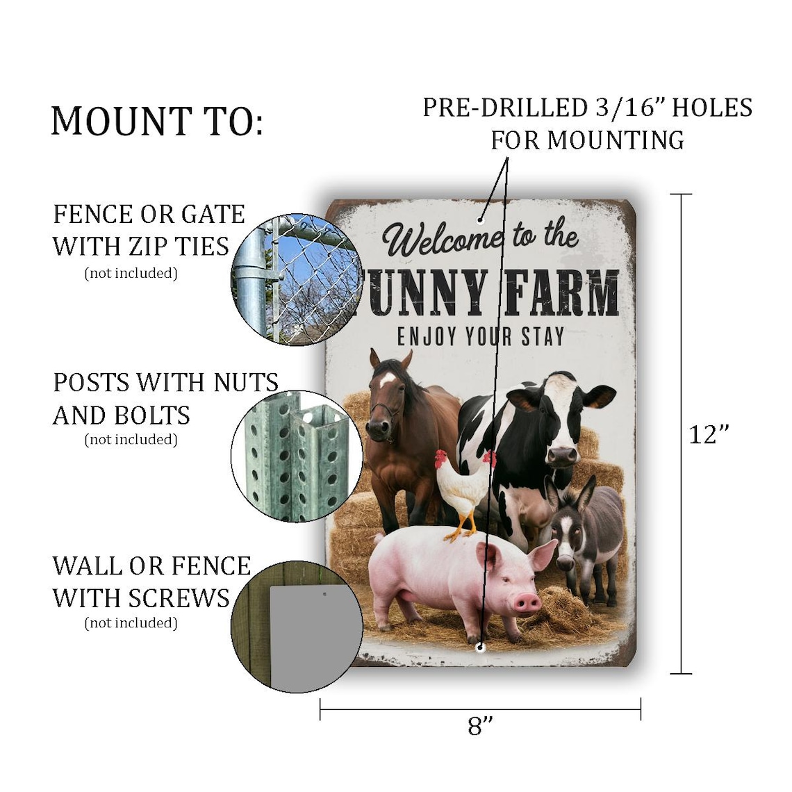 Funny Farm Welcome Sign – Rustic Animal Wall Decor With Horse, Cow ...