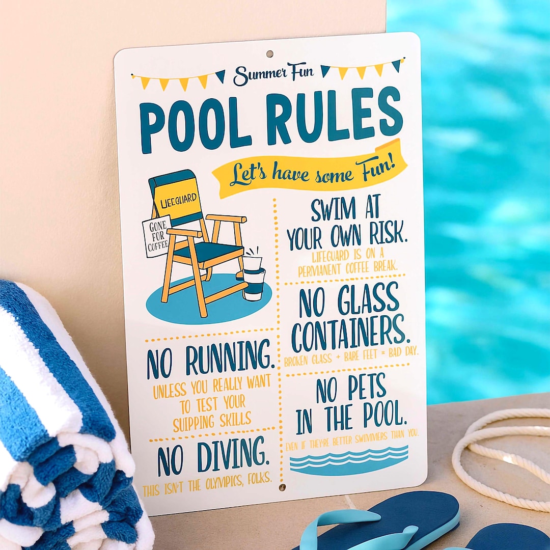 8x12 Funny Pool Rules Sign - 'summer Fun' With Playful Swimming ...