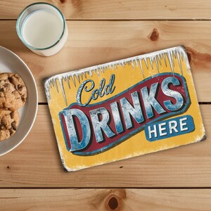 Vintage-style "cold Drinks Here" Sign - Rustic Yellow and Blue Wall ...