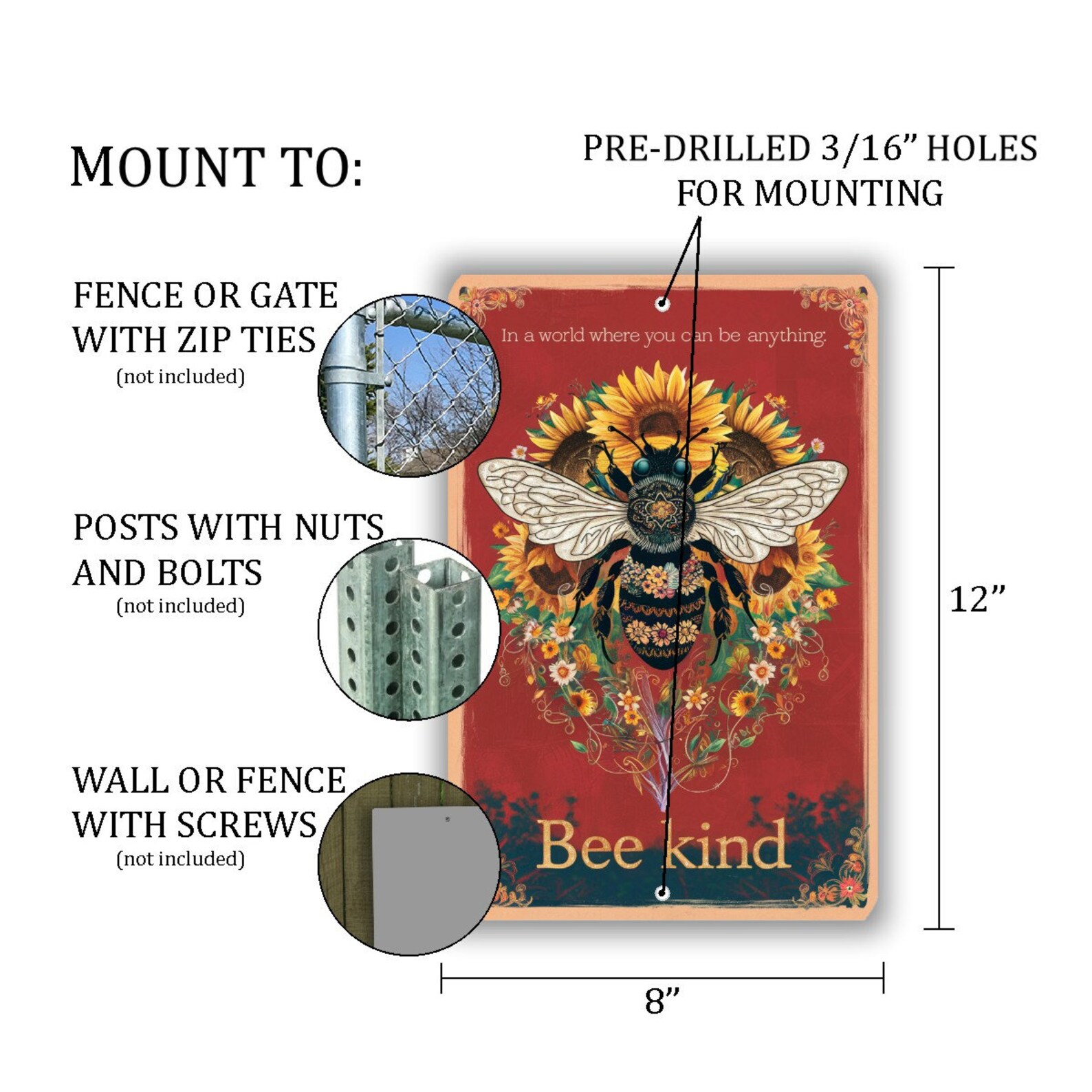 Vintage Style "bee Kind" Sign - Vibrant Floral Design With Intricately ...