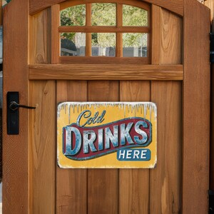 Vintage-style "cold Drinks Here" Sign - Rustic Yellow and Blue Wall ...