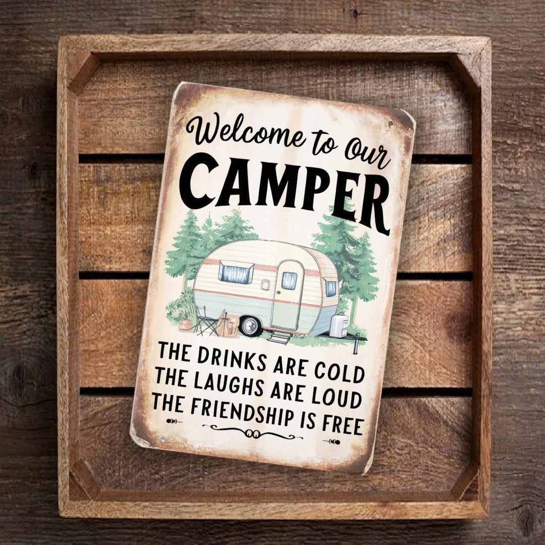 Vintage-style "welcome to Our Camper" Metal Sign - Light Blue and White ...