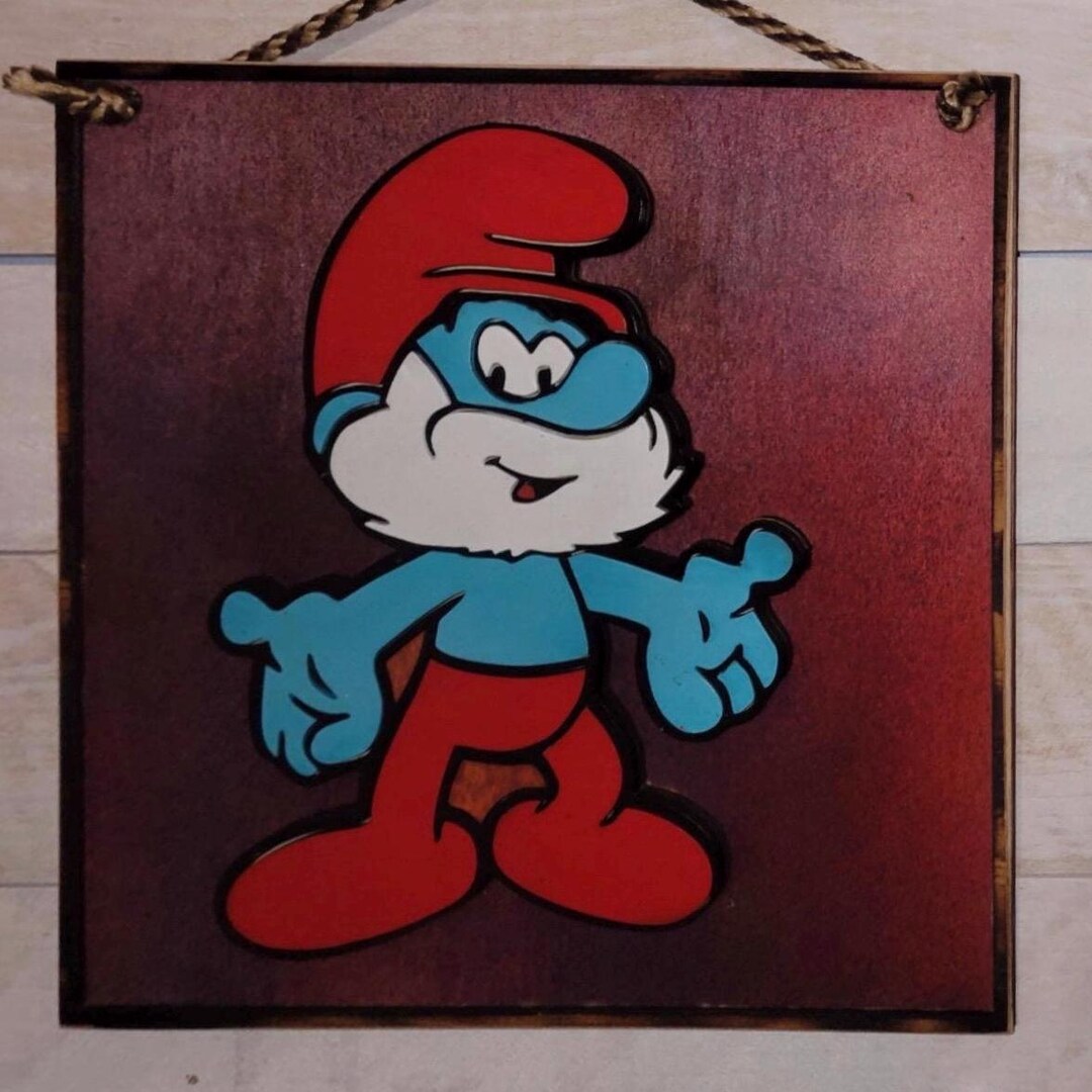 PAPA Smurf Layered Hand-painted Framed Wooden Sign - Classic Cartoon ...