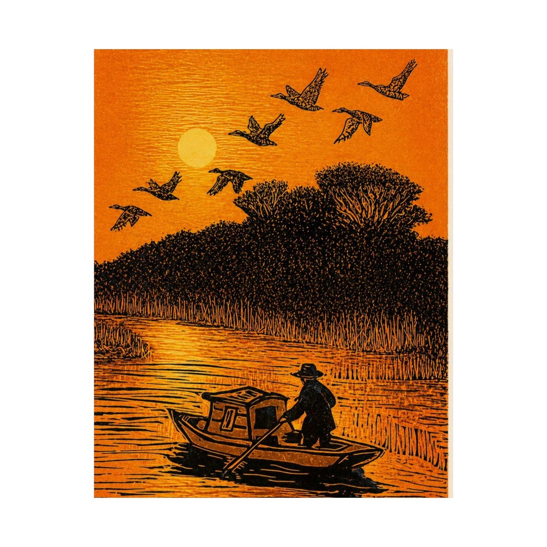 Sunset Fishing Boat Poster | Matte Vertical Poster, Birds Over River - Etsy