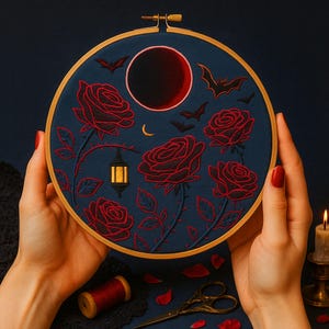 Gothic Rose With Moon Hand Embroidery Pattern Magical Dark Floral With ...
