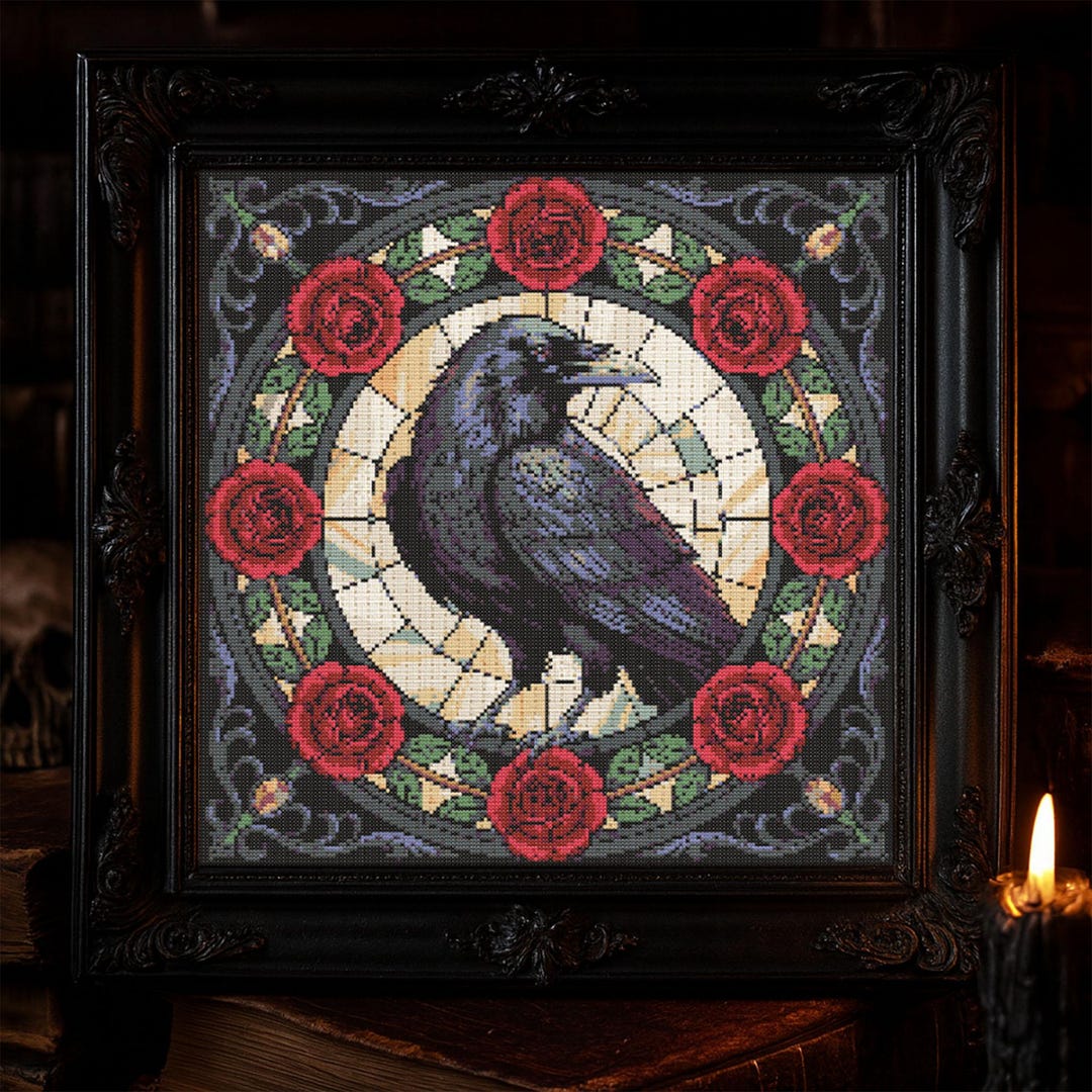 Gothic Raven Roses Cross Stitch Pattern Cozy Fantasy Raven Embroidery ...