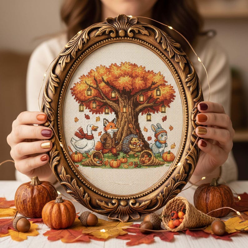 Autumn Woodland Animals Cross Stitch Pattern Harvest Tree Embroidery ...