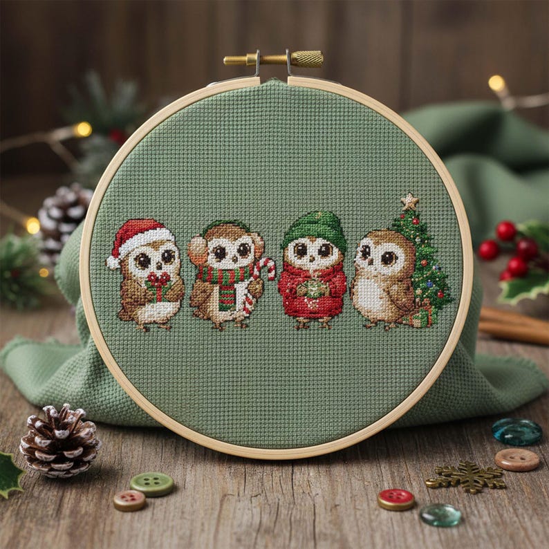 Christmas Owls Cross Stitch Pattern: Winter Owl Family With Gifts ...
