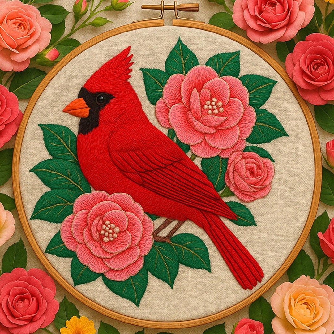 Red Cardinal Bird Hand and Rose Floral Embroidery Pattern Festive ...